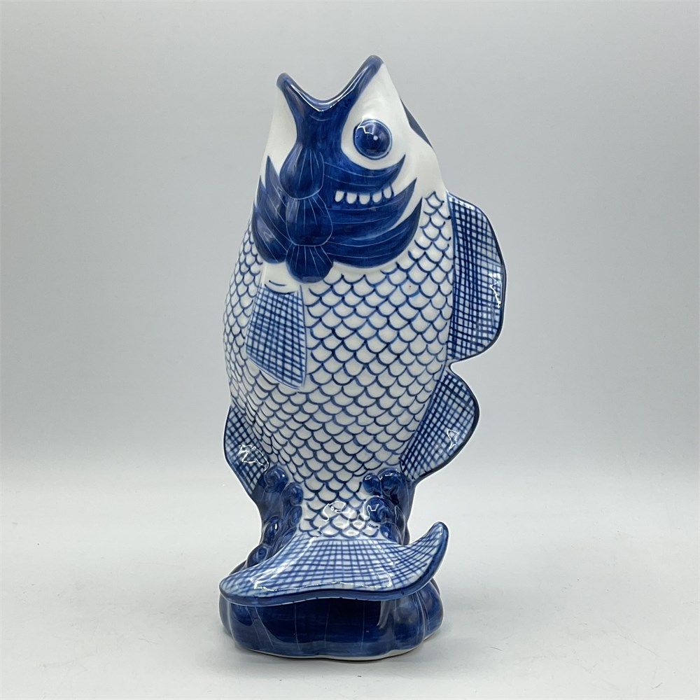 BuyOrBidOnIt - 9-Inch Blue & White Ceramic Koi Fish Bud Vase